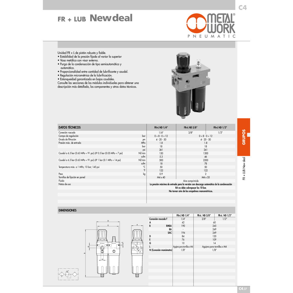 Unidad De Mantenimiento Metal Work Serie New Deal Rosca ¼ Npt Grado De ...
